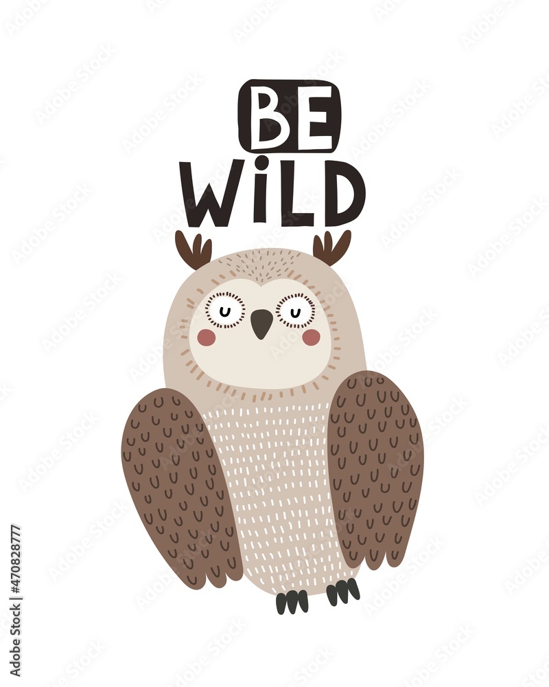 Be wild. Cartoon owl, hand drawing lettering. colorful vector ...