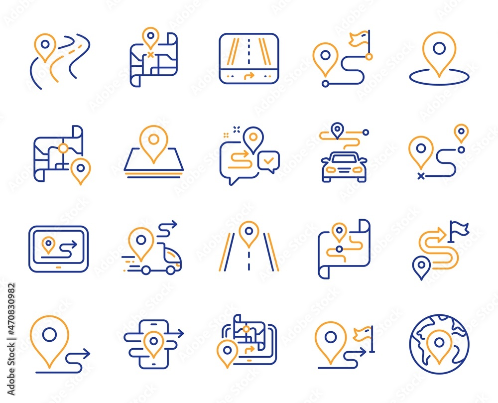 Road map line icons. Journey path, Route map and Trip distance. GPS ...