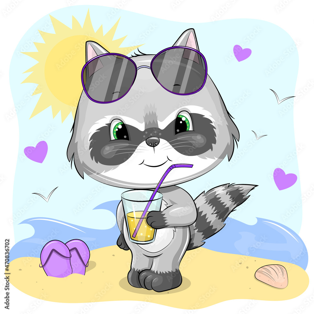 Cute cartoon raccoon with glasses and lemonade on the beach. Vector ...