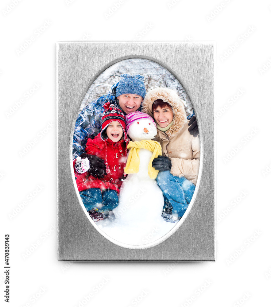 Silver oval frame with happy family photo isolated on white background ...
