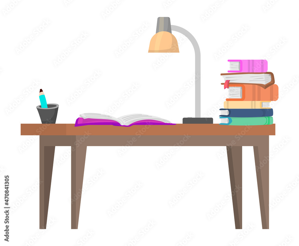 Study desk icon. Table with lamp and books in cartoon style Stock ...