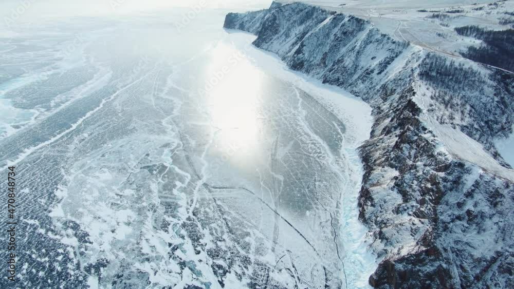 Helicopter winter frozen cracked ice of epic lake Baikal coastal ...