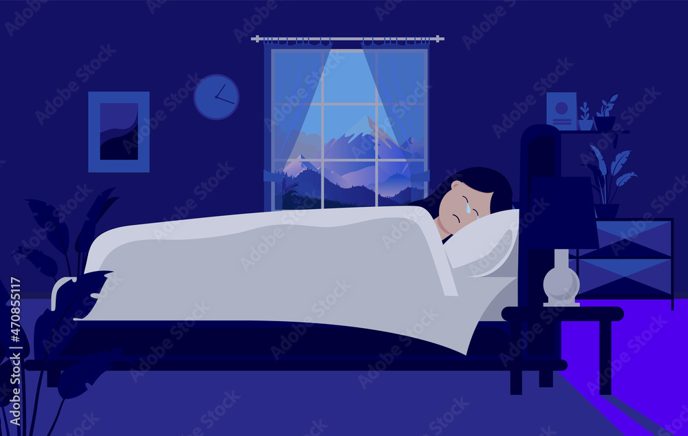 Woman crying in bed at night - Vector illustration of sad woman in dark ...