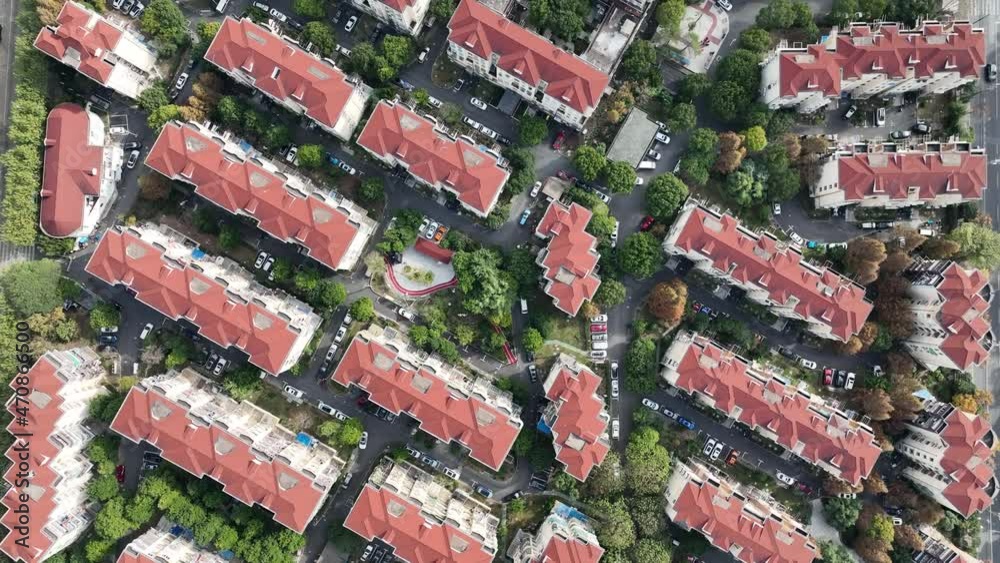 Drone aerial view of Rows of houses with red rooftop Shanghai China ...