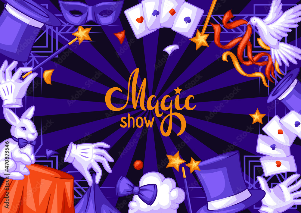 Magician frame with magic items. Illusionist show or performance ...