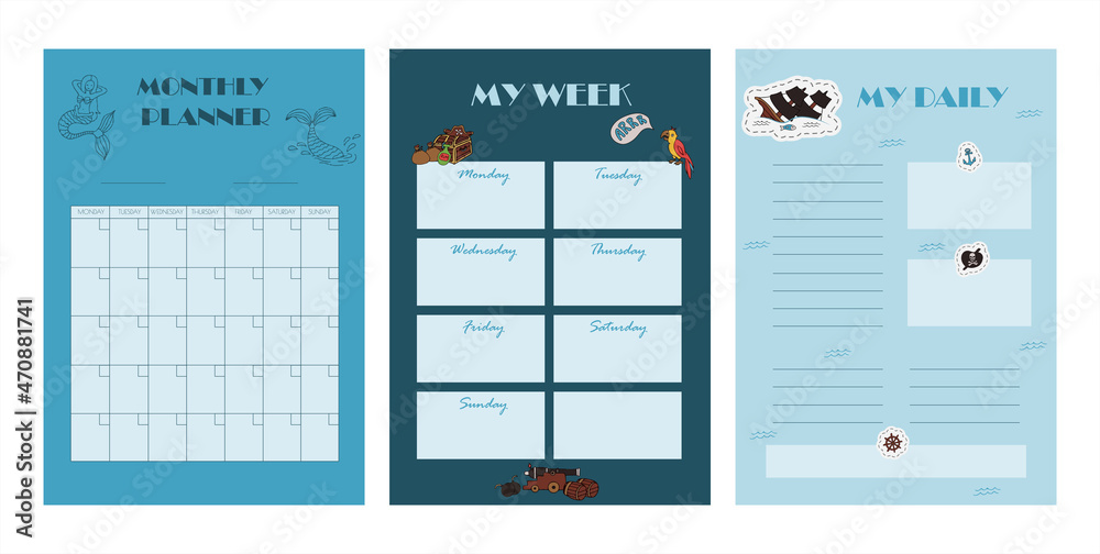 Vector set of weekly planner, to do list, note, background with doodle ...