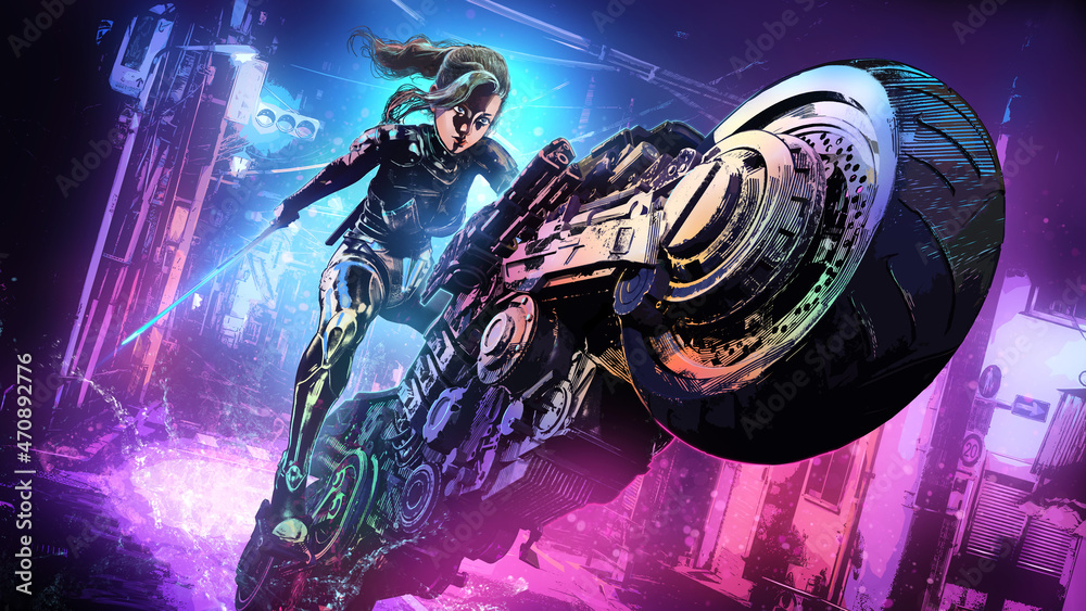 A beautiful girl in cyber punk style rushes on a military motorcycle on ...