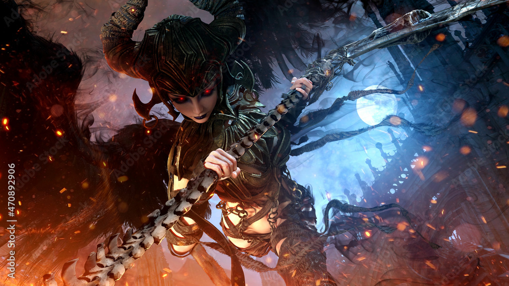 A beautiful and sinister female angel of death with red demonic eyes ...