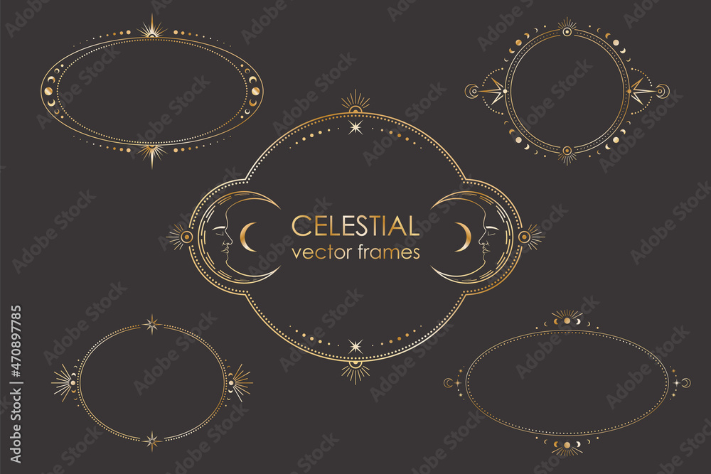 Vector mystic celestial oval and round stickers set with a golden ...