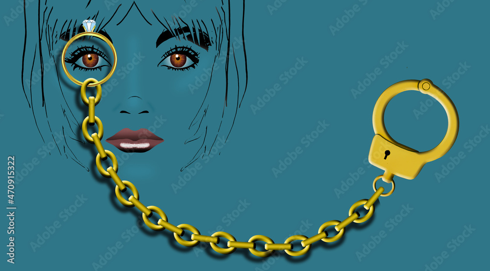 An engagement ring is seen with a chain attached TO A HANDCUFF in a 3-d ...