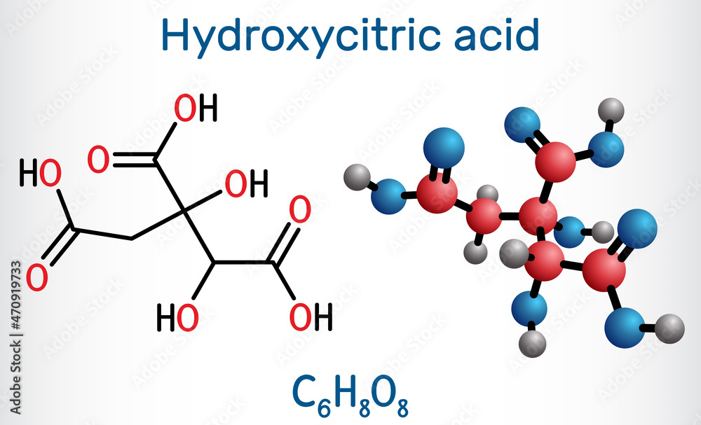 Hydroxycitric acid, HCA molecule. It is derivative of citric acid, is ...