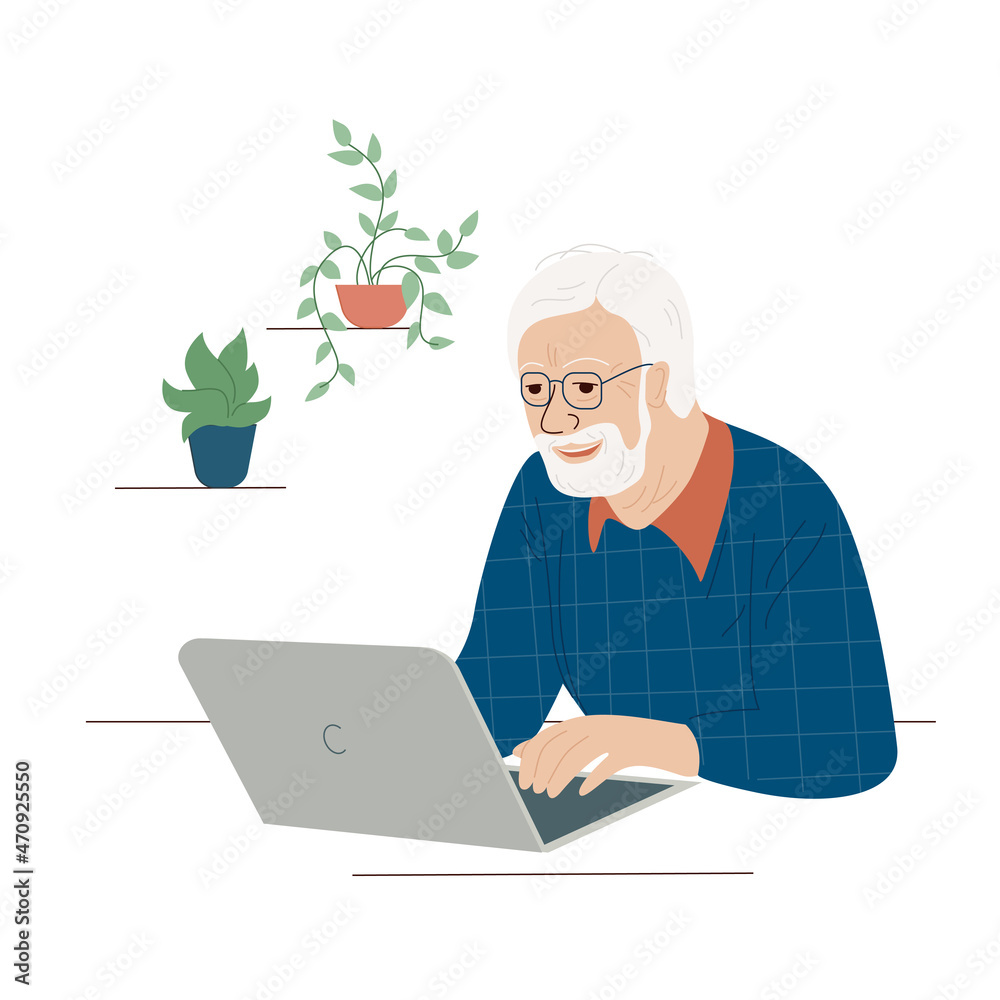 Happy grandpa with laptop. Old man sitting with a computer. Vector ...