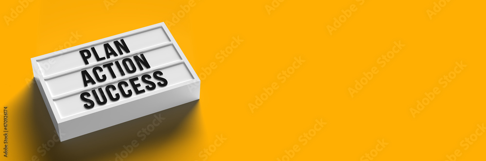 3D rendered light box with PLAN ACTION SUCCESS text message on yellow ...