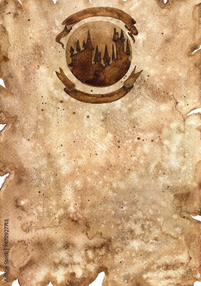 old letter from castle.watercolor vintage page of yellowed paper with ...