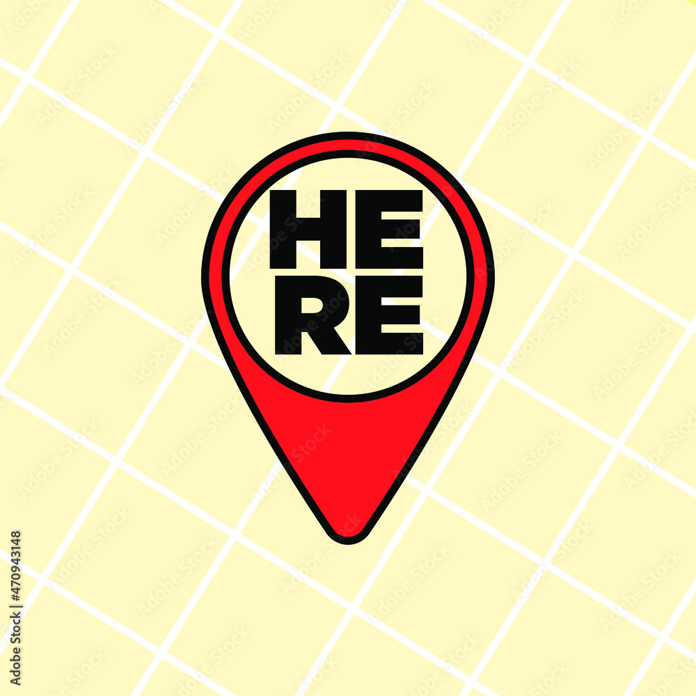 Red pin with text here. yellow background with map lines. to use as a ...