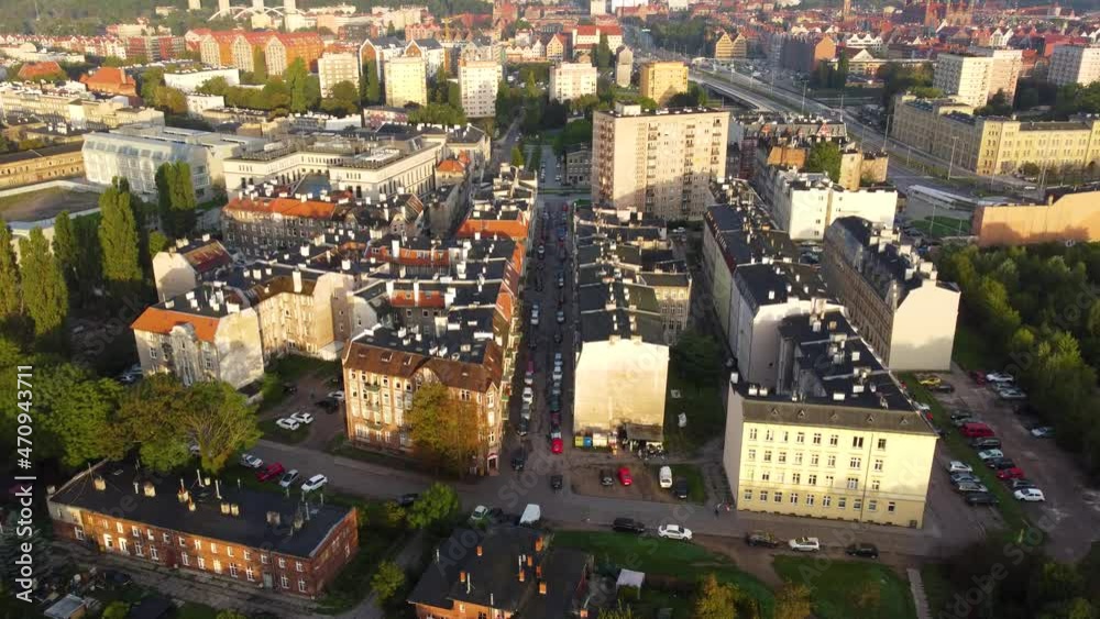 Aerial view of the Lower Town in Gdansk. Light fog and autumn climate ...
