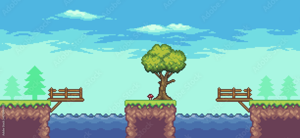 Pixel art arcade game scene with tree, lake, bridge, fence, and clouds ...