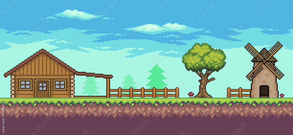 Pixel art arcade game scene with house, mill, trees, fence e clouds 8 ...