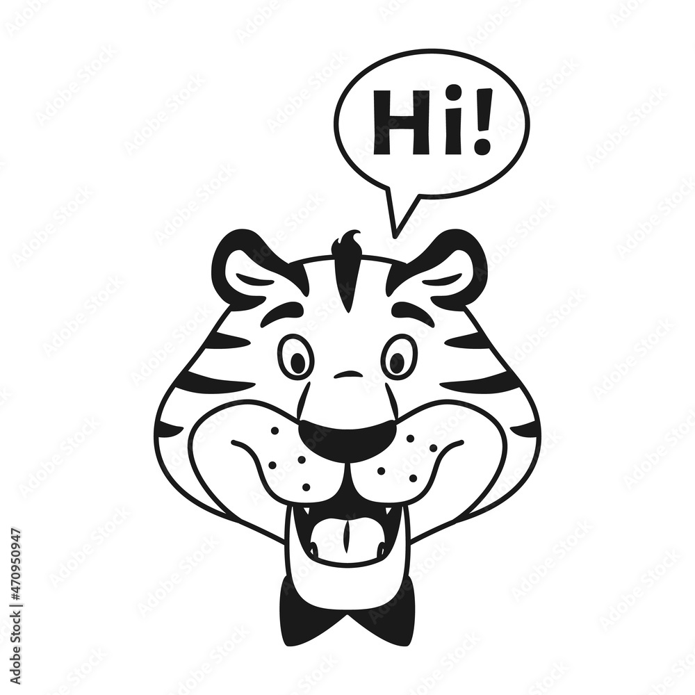 Black and white outline talking happy tiger portrait isolated on white ...