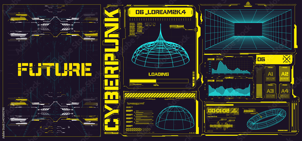 Cyberpunk retro futuristic poster set abstract cosmic shapes. Digital design elements hud style ...