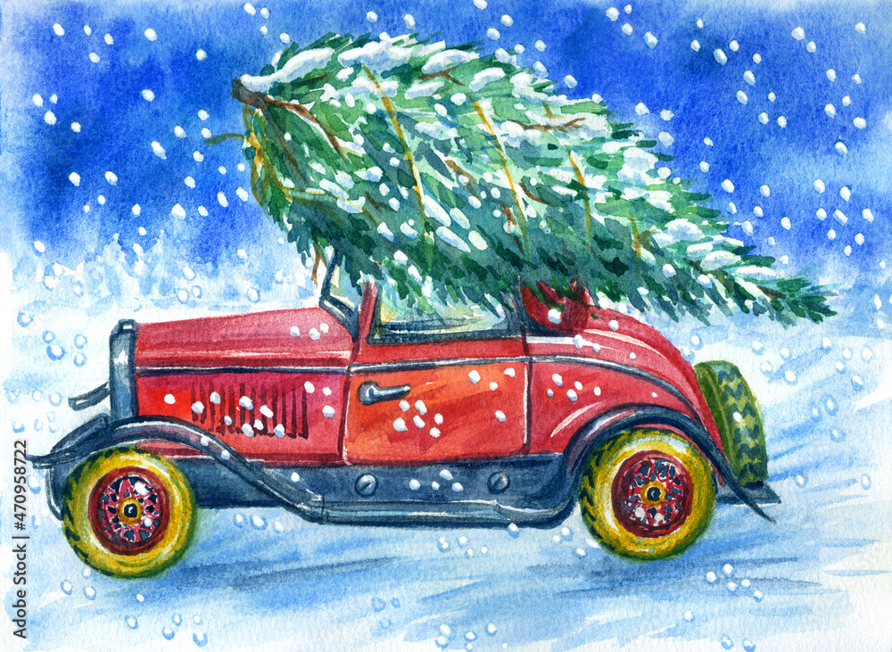 Red car driving in a blizzard with a Christmas tree on the back ...