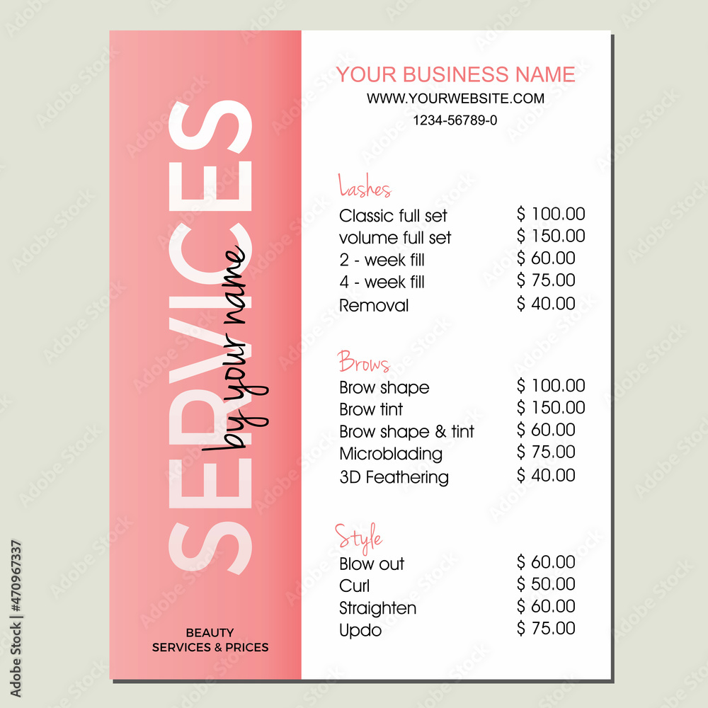 Price list template, Salon Price List, Pink Minimalist, Modern Business ...