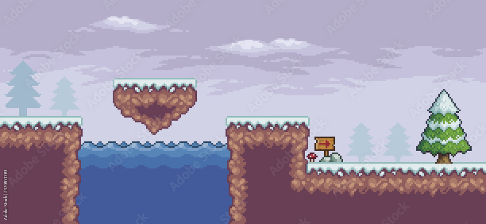 Pixel art game scene in snow with pine trees, floating island, board ...