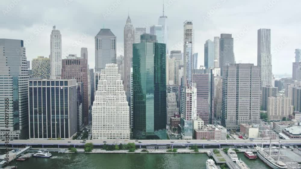 Aerial view downtown New York city. skyscrapers, street road in ...