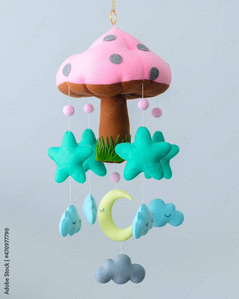 Beautiful Baby Cot mobile, Plushie mushroom with stars, clouds, and the ...