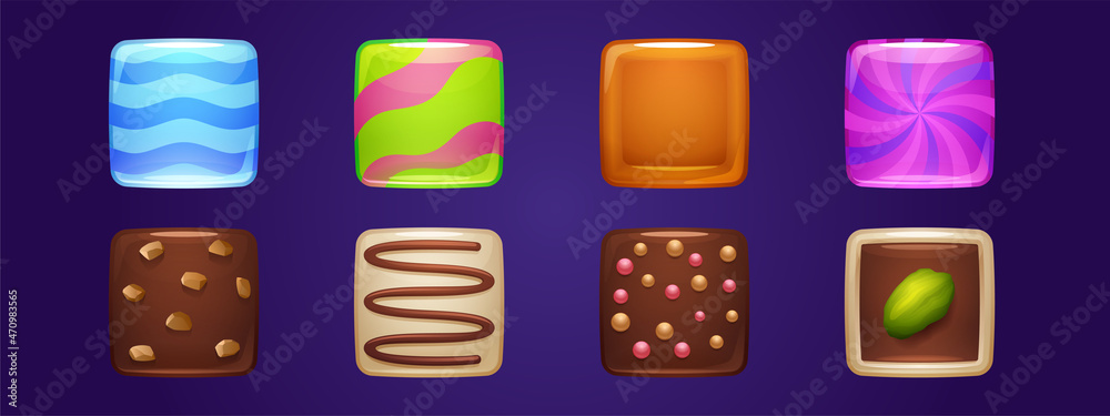 Square buttons with texture of chocolate and hard sugar candies. Vector ...