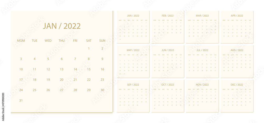 Calendar 2022 week start Monday corporate design template vector. Stock ...