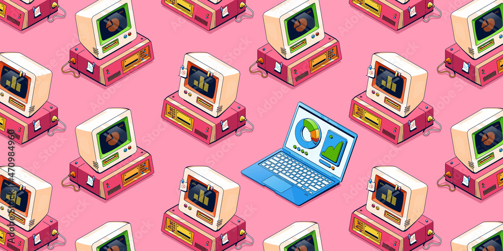 Seamless pattern with isometric modern laptop and vintage computers on ...