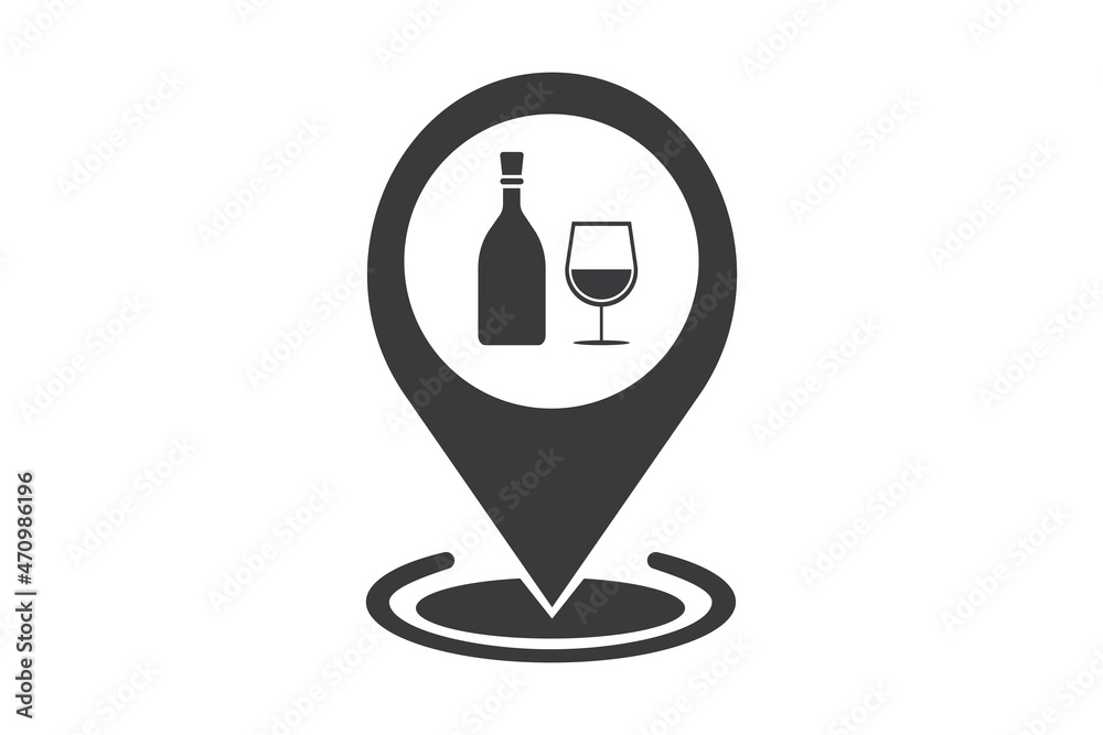 wine bottle, wine glass. icon map pin on white background for website ...