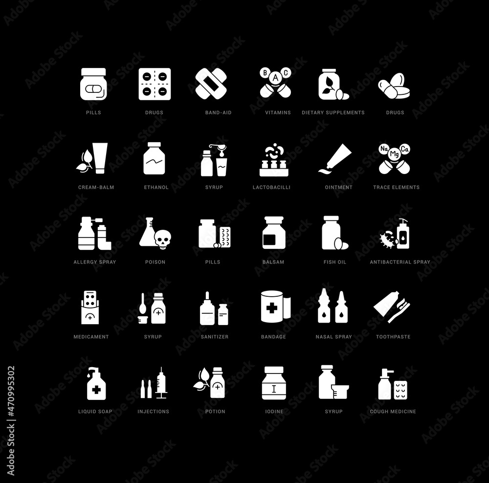 Pharmacology and Drugs. Collection of perfectly simple monochrome icons ...