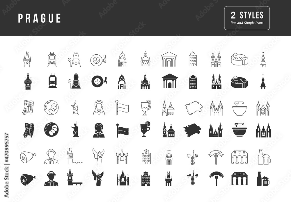Prague. Collection of perfectly simple monochrome icons for web design ...
