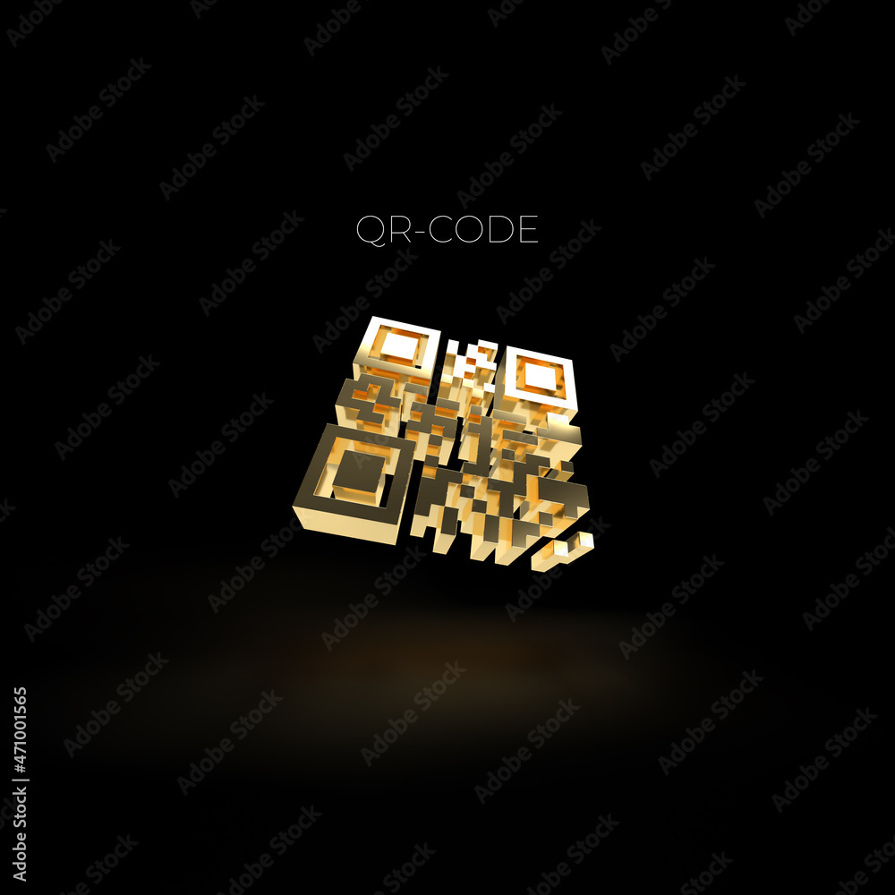 3d render of volumetric golden qr code on a black background. Pandemic ...