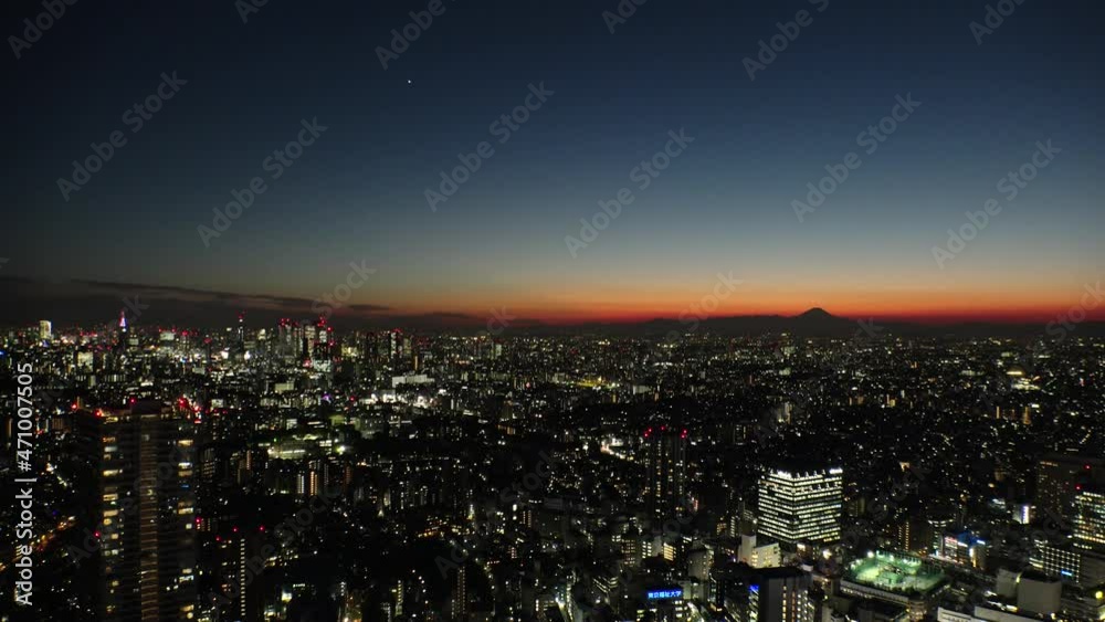 TOKYO, JAPAN : Aerial high angle sunset CITYSCAPE of TOKYO. View of ...