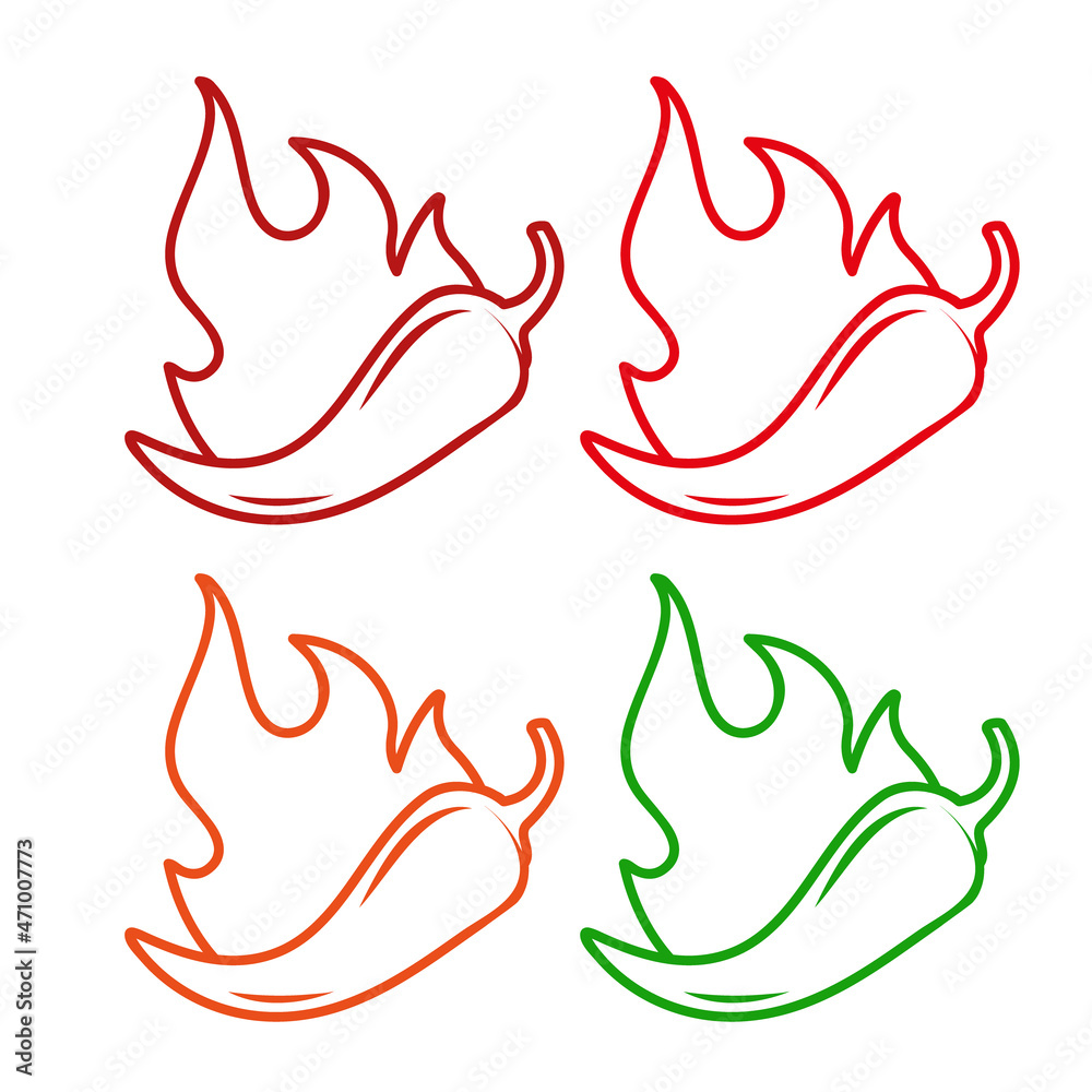 Icons with Chili Pepper Spice Levels. Hot pepper sign with fire flame ...