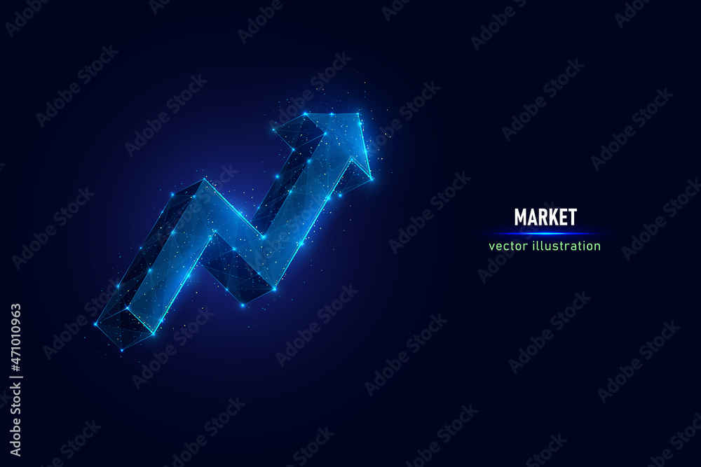 Arrow rising upward symbol digital wireframe made of connected dots ...