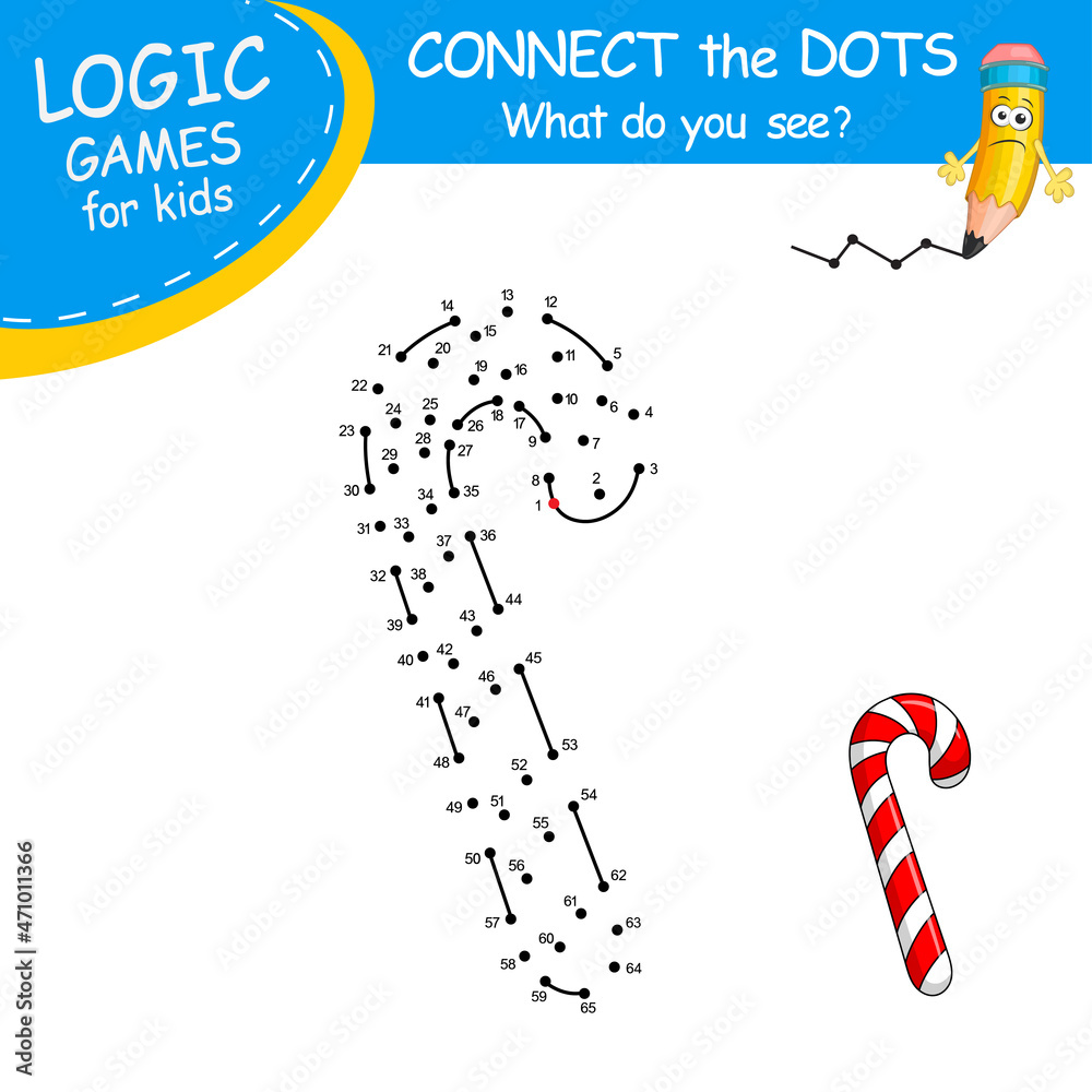 Christmas candy cane. Connect the dots by numbers to draw the lollypop ...