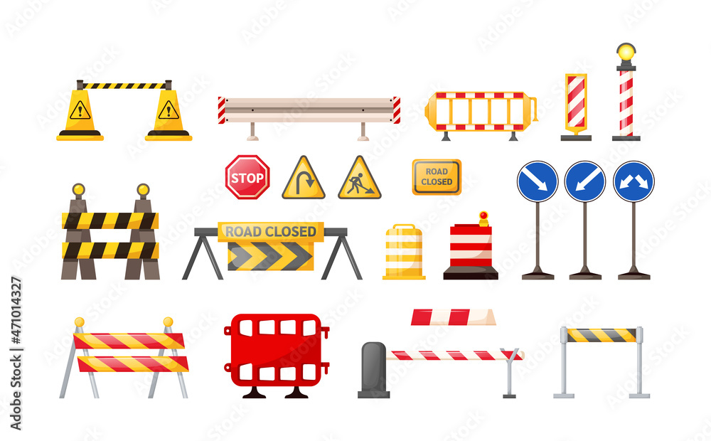 Traffic road repair barriers set. Safety barricade, roadblocks, warning ...