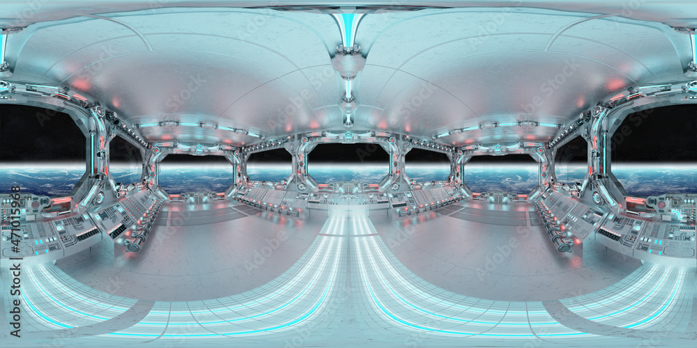 HDRI panoramic view of white blue spaceship interior with windows. High ...
