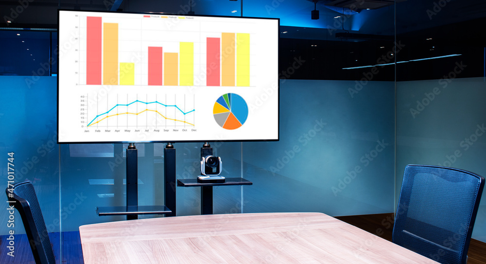 Mock up chart slide show presentation on display television with camera ...