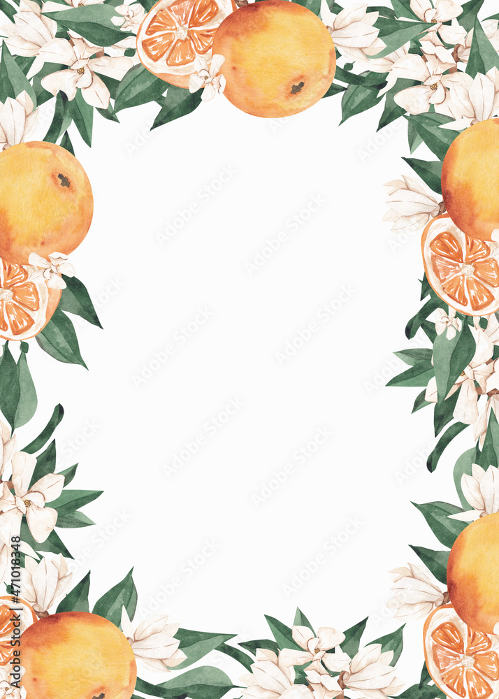 Watercolor orange fruit frame with greenery on white background Stock ...