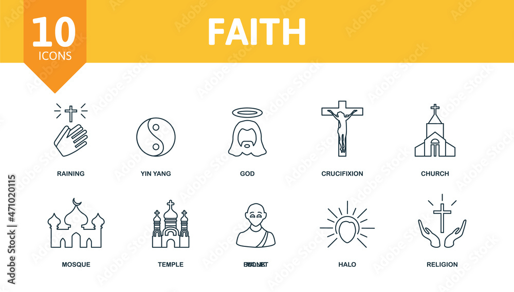 Faith icon set. Collection of simple elements such as the judaism ...