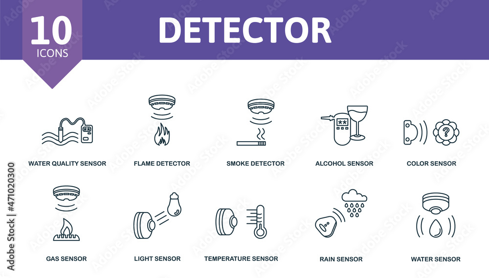 Detector icon set. Collection of simple elements such as the water ...