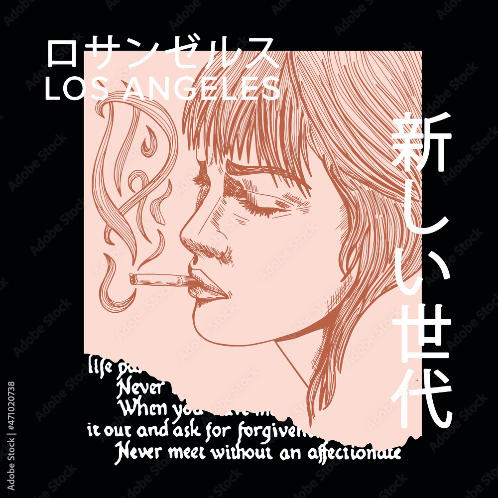 Japanese slogan with manga face Translation: "Los angeles, new ...