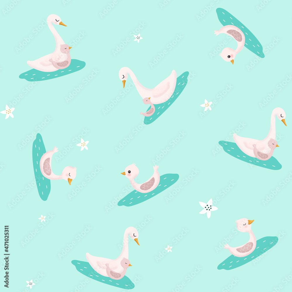 White and pink little Goose with mom. Sweet goslng in water. Cute ...