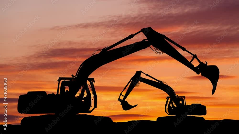 Excavator in construction site on sunset sky background. Timelapse ...