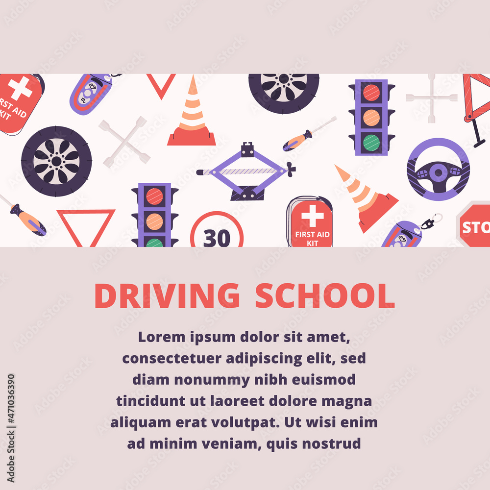 Driving school banner or poster with diiferent elements. Traffic signs ...